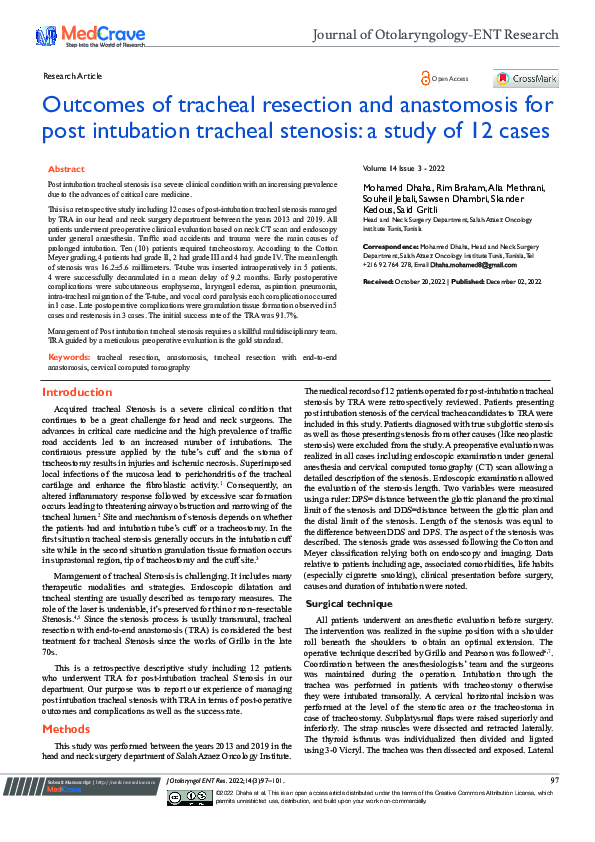 (PDF) Outcomes of tracheal resection and anastomosis for post ...