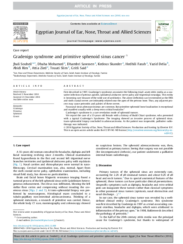 (PDF) Gradenigo Syndrome Associated with Sphenoid Sinus Cancer