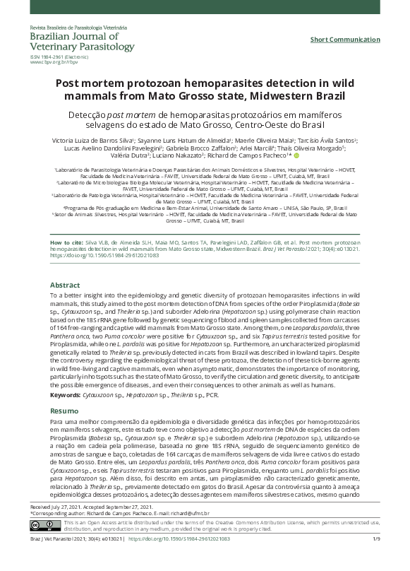 (PDF) Post mortem protozoan hemoparasites detection in wild mammals ...