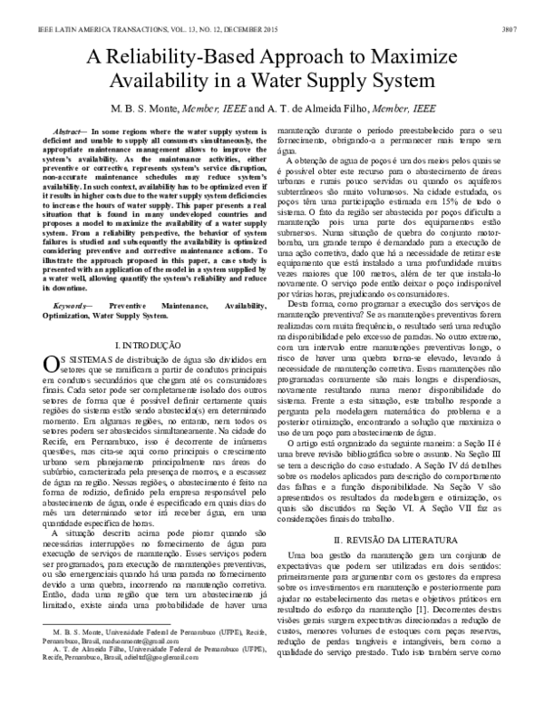 (PDF) A reliability-based approach to maximize availability in a water ...
