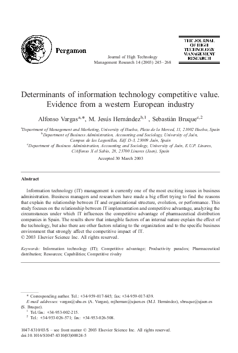 (PDF) Determinants of information technology competitive value. Evidence from a western European ...
