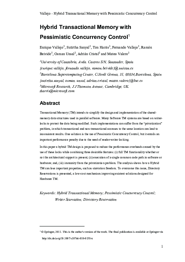 (PDF) Hybrid Transactional Memory with Pessimistic Concurrency Control