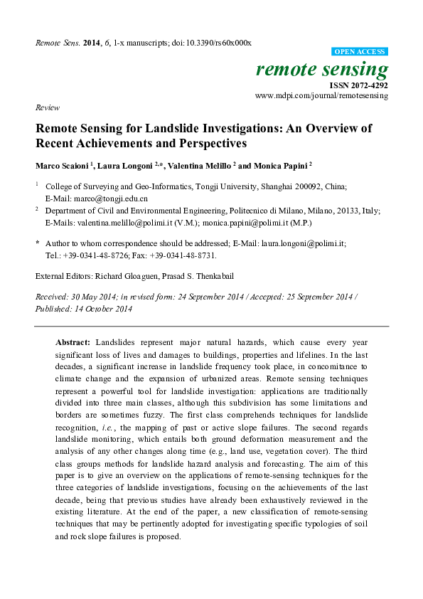 (PDF) Review Remote Sensing for Landslide Investigations: An Overview of Recent Achievements and ...