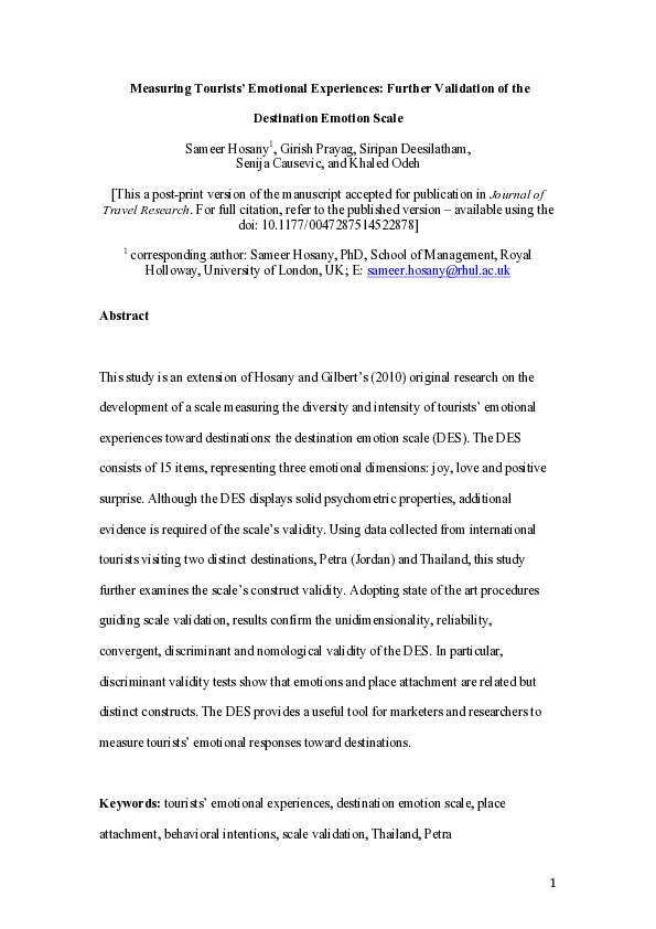 (PDF) 1 Measuring Tourists ’ Emotional Experiences: Further Validation ...