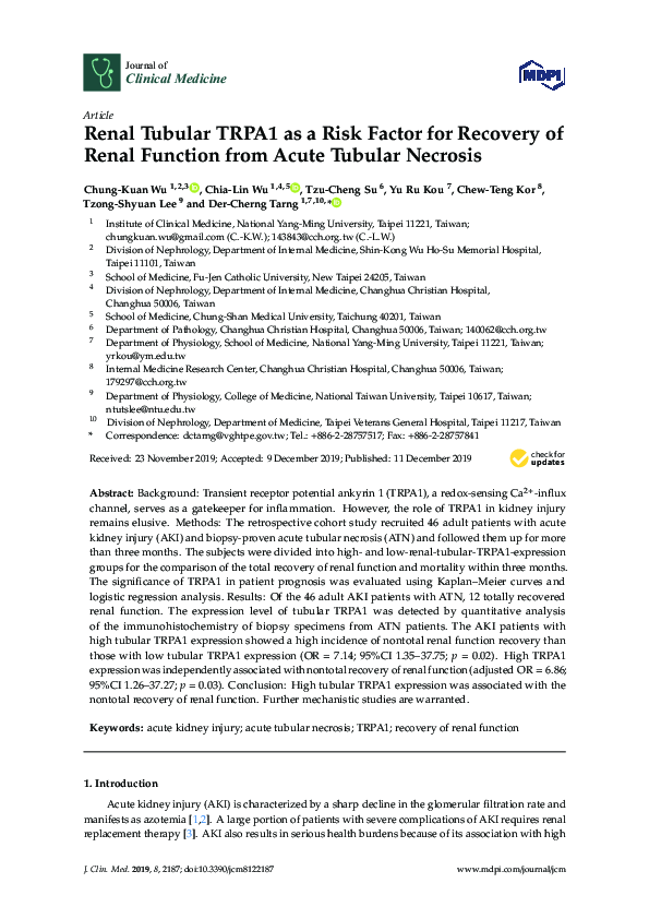 (PDF) Renal Tubular TRPA1 as a Risk Factor for Recovery of Renal ...