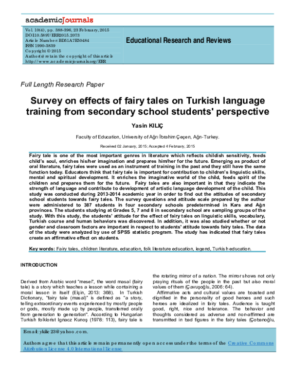 (PDF) Survey on effects of fairy tales on Turkish language training ...