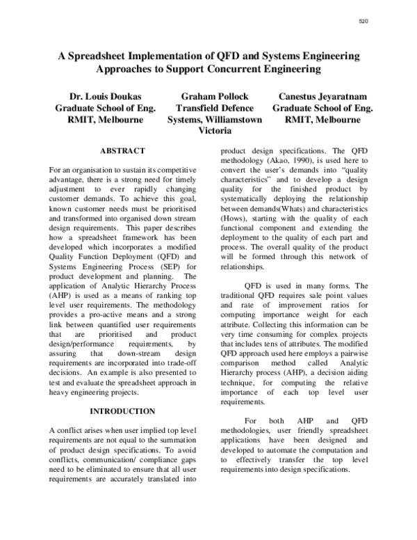 (PDF) A Spreadsheet Implementation of QFD and Systems Engineering ...