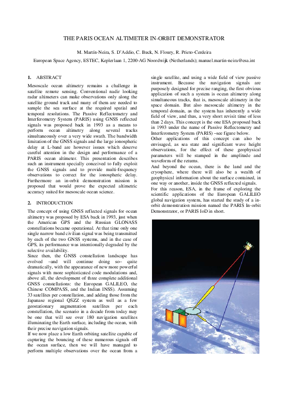 (PDF) The PARIS Ocean Altimeter In-Orbit Demonstrator
