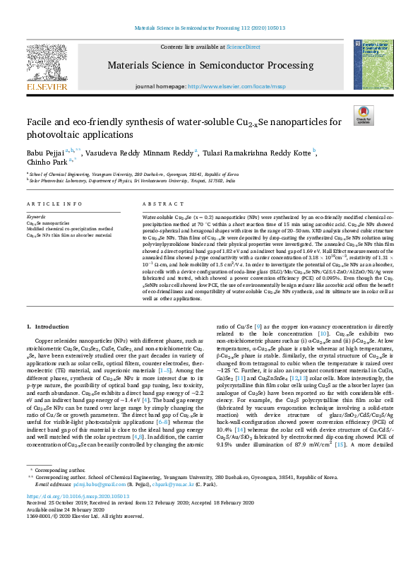 (PDF) Facile and eco-friendly synthesis of water-soluble Cu2-xSe nanoparticles for photovoltaic ...