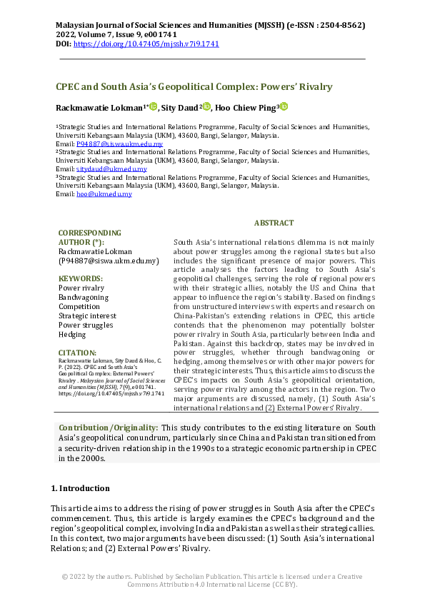 (PDF) CPEC and South Asia’s Geopolitical Complex: Powers’ Rivalry