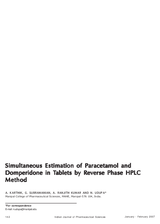Pdf Simultaneous Estimation Of Paracetamol And Domperidone In Tablets By Reverse Phase Hplc Method