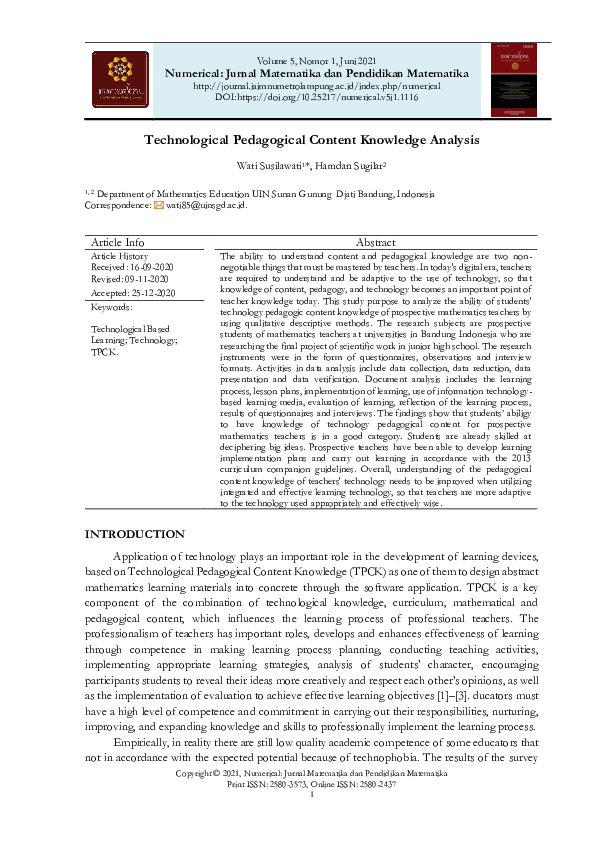 (PDF) Technological Pedagogical Content Knowledge Analysis