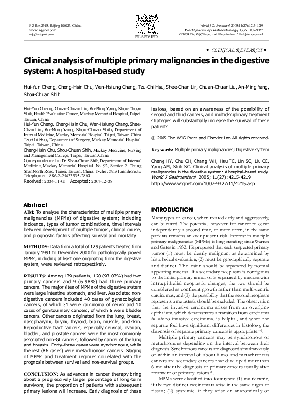 (PDF) Clinical analysis of multiple primary malignancies in the ...
