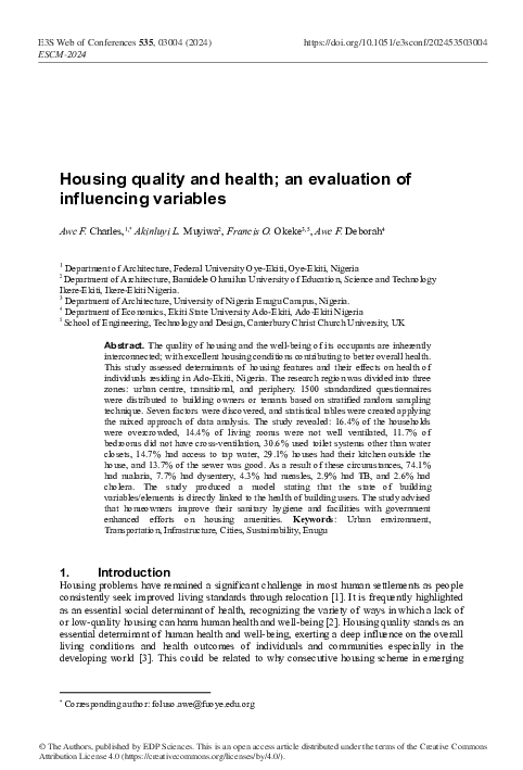 Pdf Housing Quality And Health An Evaluation Of Influencing Variables