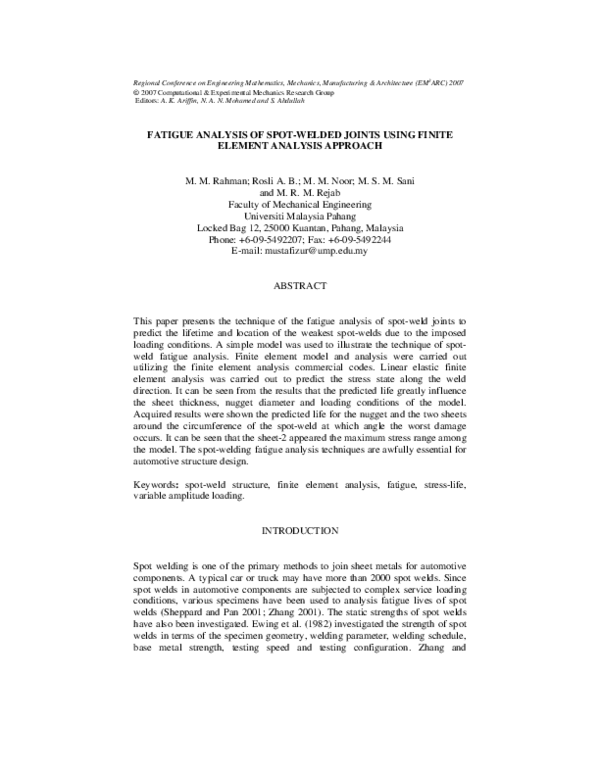 Pdf Fatigue Analysis Of Spot Welded Joints Using Finite Element Analysis Approach