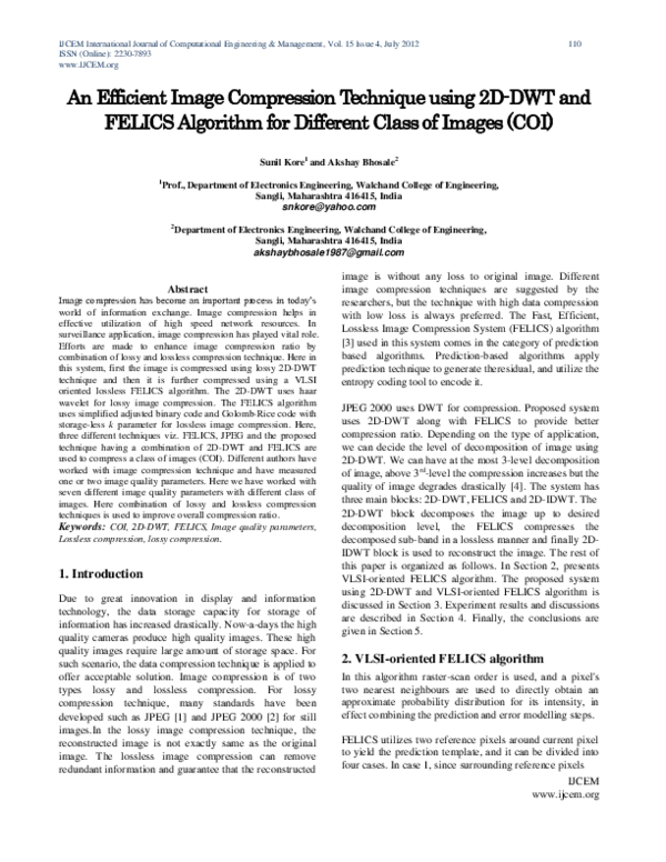 (PDF) Efficient Image Compression Using 2D-DWT and FELICS