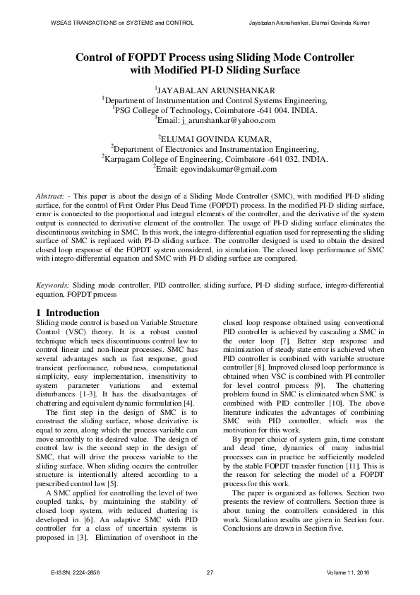 (PDF) Control of FOPDT Process using Sliding Mode Controller with ...