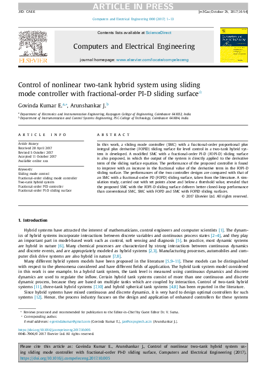 (PDF) Control of nonlinear two-tank hybrid system using sliding mode ...