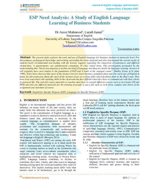 (PDF) ESP Need Analysis: A Study of English Language Learning of Business Students