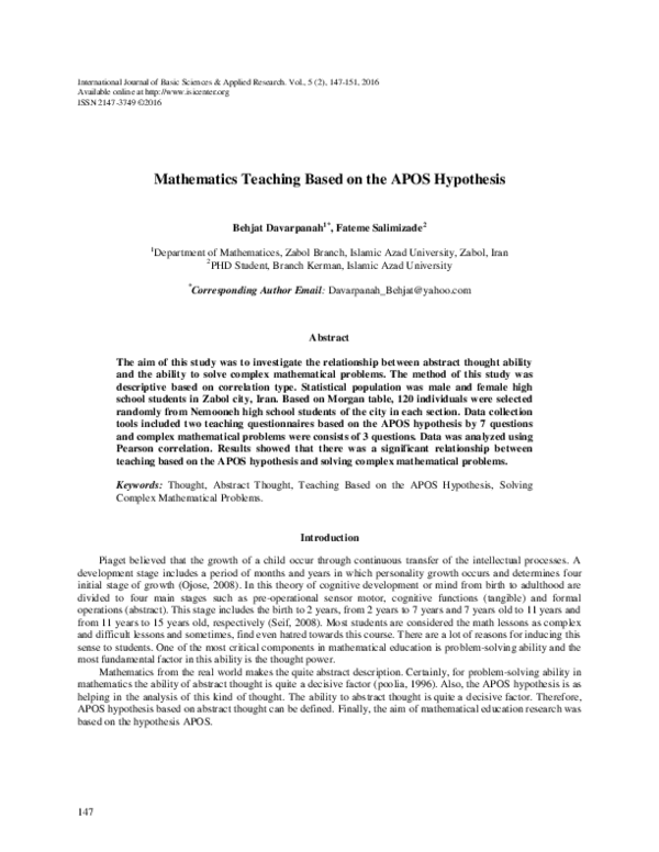 (PDF) Mathematics Teaching Based on the APOS Hypothesis