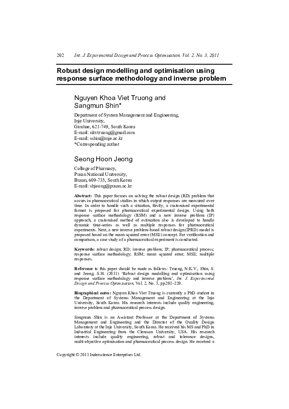 Pdf Robust Design Modelling And Optimisation Using Response Surface
