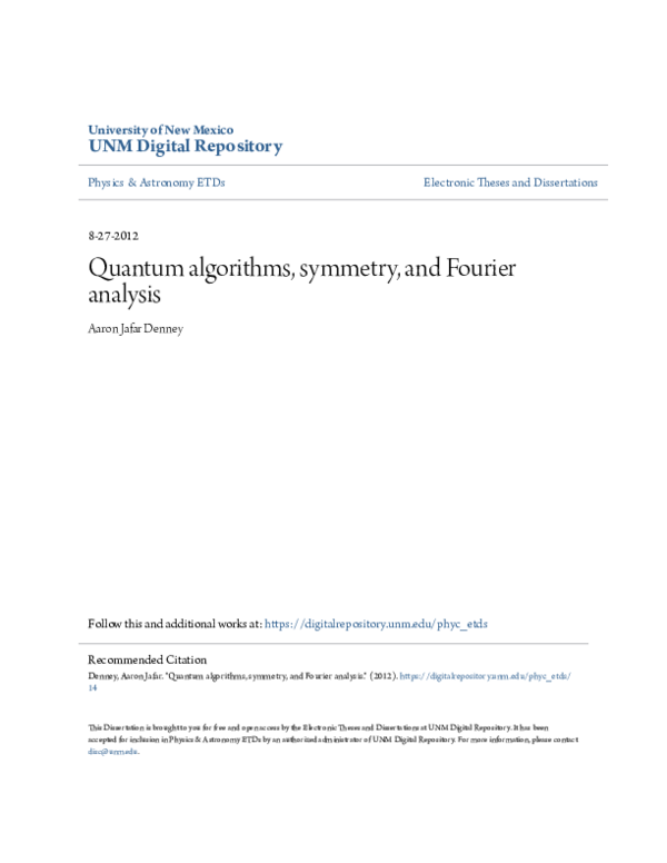 (PDF) Quantum algorithms, symmetry, and Fourier analysis