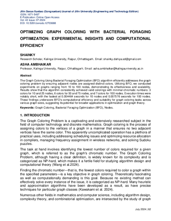Pdf Optimizing Graph Coloring With Bacterial Foraging Optimization Experimental Insights And