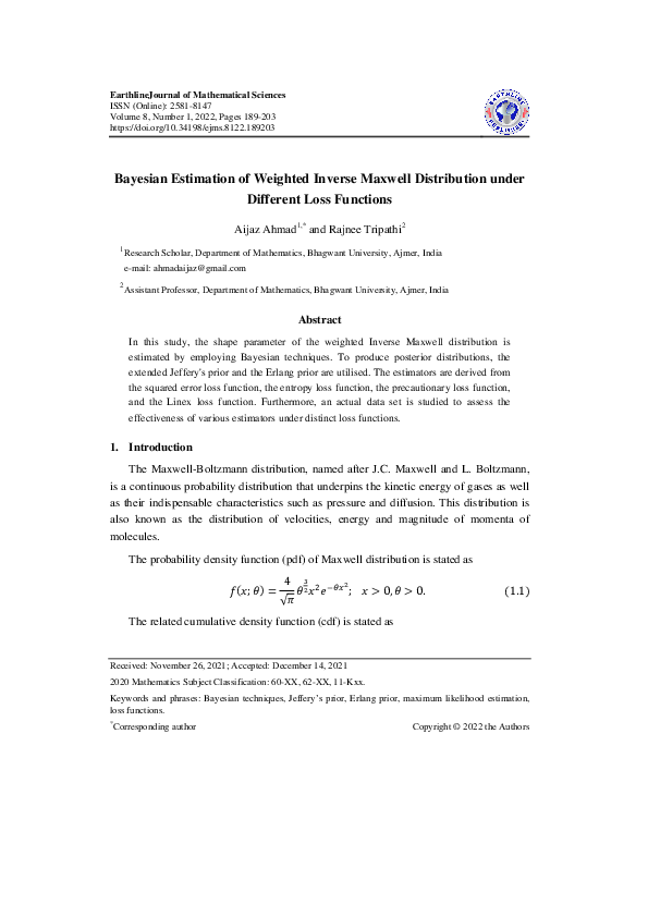 Pdf Bayesian Estimation Of Weighted Inverse Maxwell Distribution
