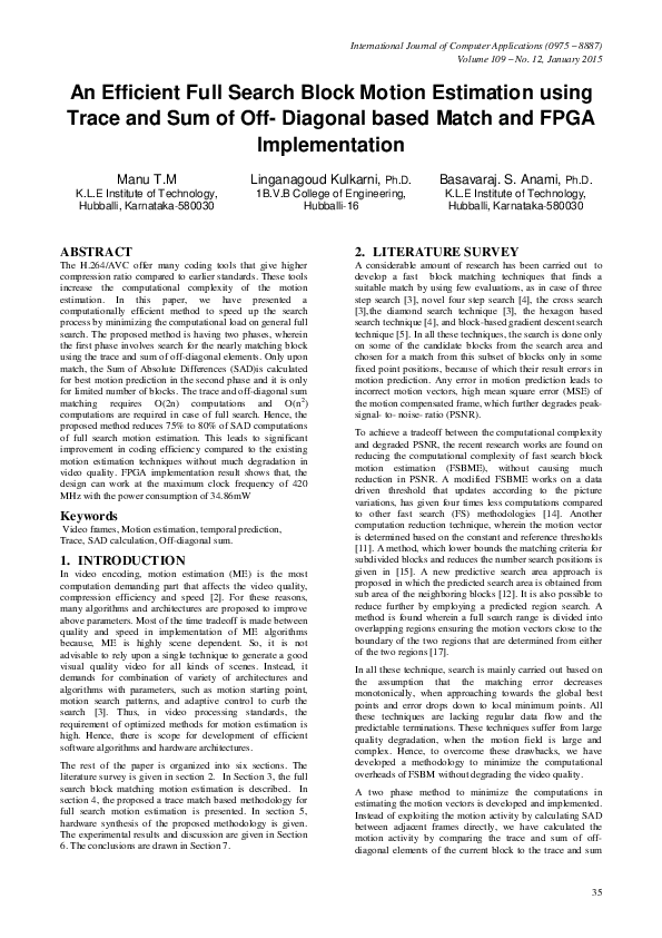 Pdf An Efficient Full Search Block Motion Estimation Using Trace And Sum Of Off Diagonal