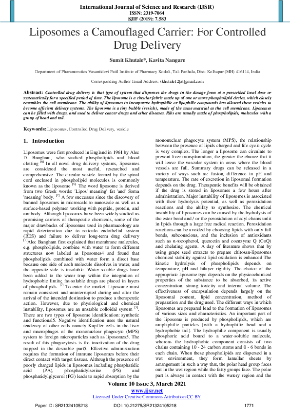 (PDF) Liposomes a Camouflaged Carrier: For Controlled Drug Delivery