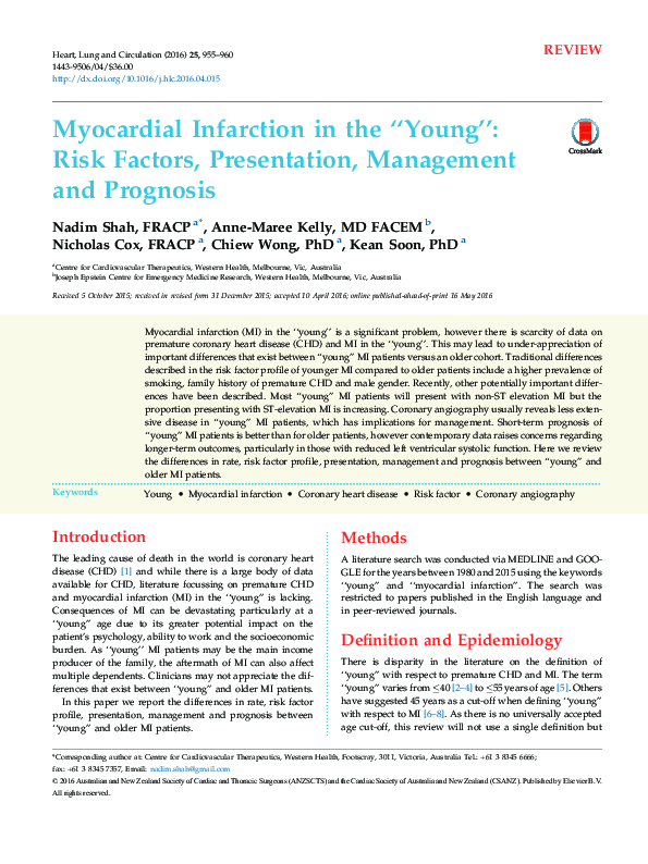 (PDF) Myocardial Infarction in the “Young”: Risk Factors, Presentation, Management and Prognosis