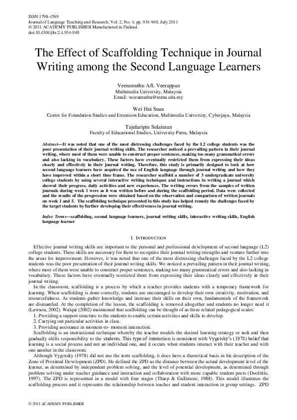 (PDF) The Effect of Scaffolding Technique in Journal Writing among the ...