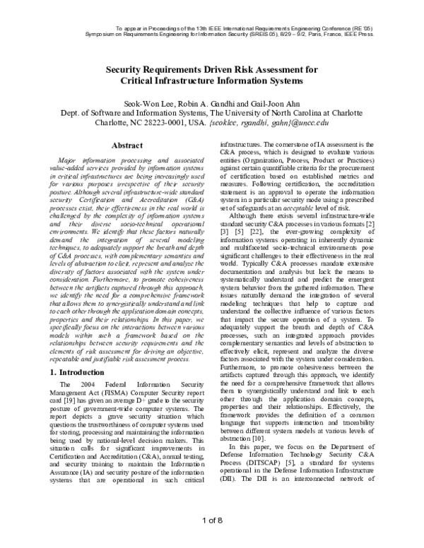 (PDF) Security Requirements Driven Risk Assessment for Critical Infrastructure Information Systems