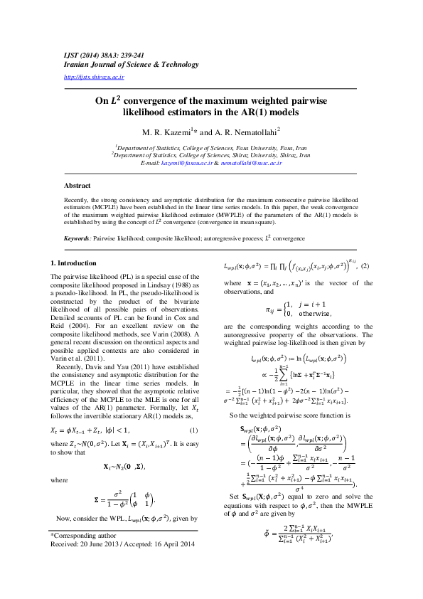 (PDF) On L2 Convergence of the Maximum Weighted Pairwise Likelihood Estimators in the AR(1) Models