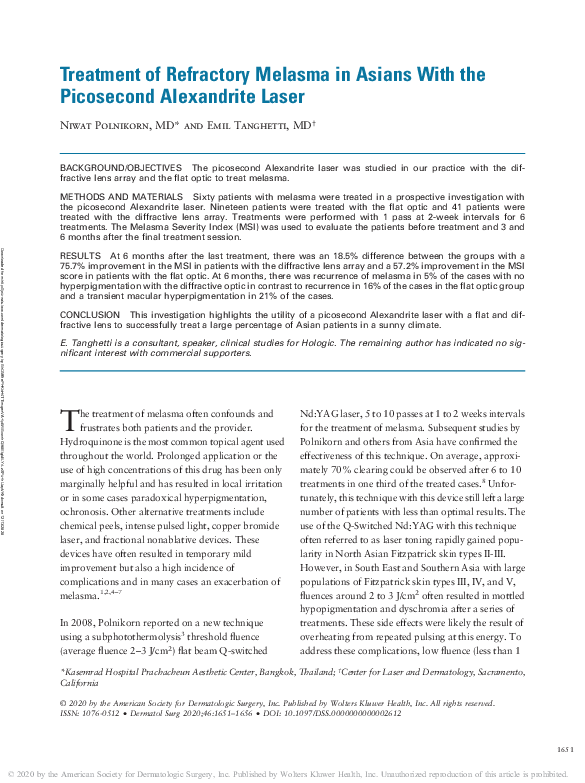 (PDF) Treatment of Refractory Melasma in Asians With the Picosecond ...