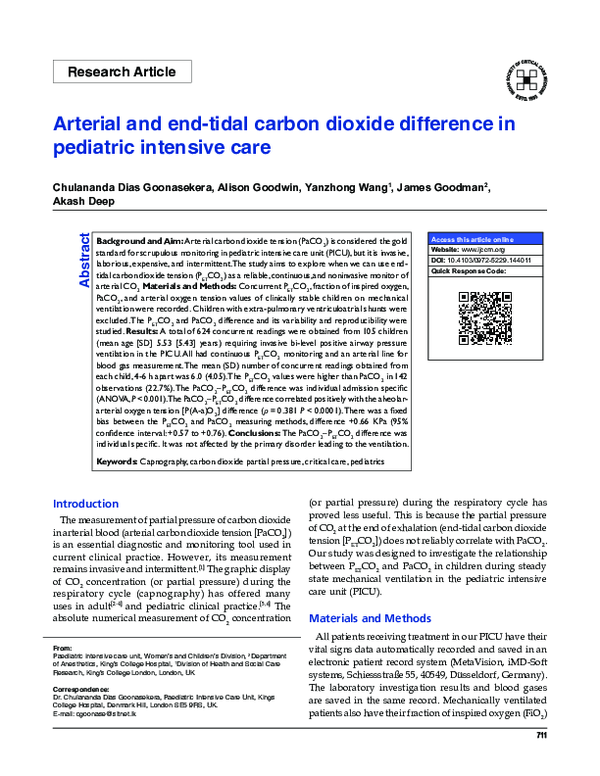 Pdf Arterial And End Tidal Carbon Dioxide Difference In Pediatric Intensive Care Akash Deep