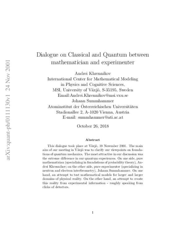 (PDF) Dialogue on Classical and Quantum between mathematician and experimenter