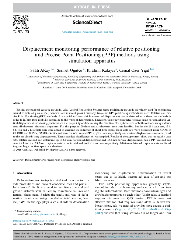 (PDF) Displacement monitoring performance of relative positioning and Precise Point Positioning ...