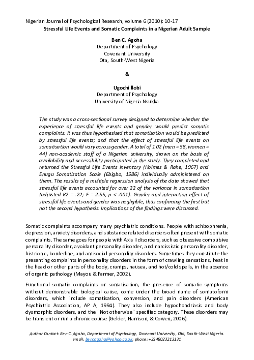 (PDF) Stressful Life Events and Somatic Complaints in a Nigerian Adult ...
