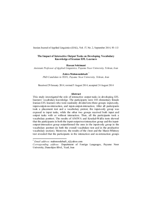 (PDF) The Impact of Interactive Output Tasks on Developing Vocabulary Knowledge of Iranian EFL ...