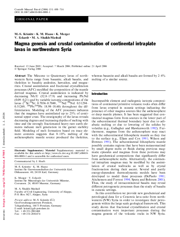 (PDF) Magma genesis and crustal contamination of continental intraplate ...