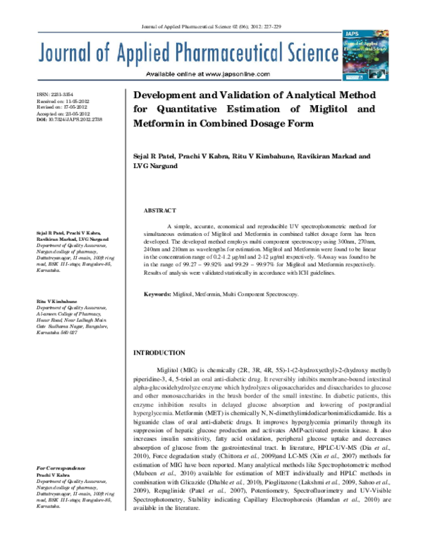 Pdf Development And Validation Of Analytical Method For Quantitative Estimation Of Miglitol
