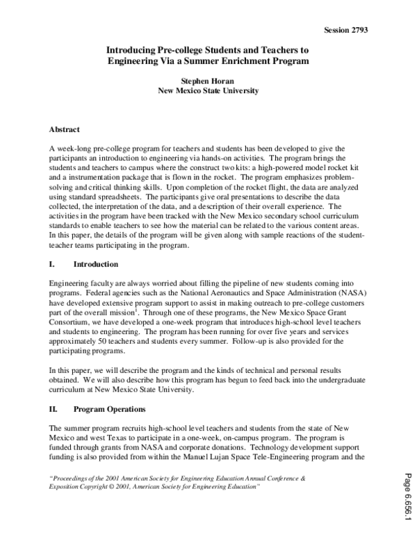 (PDF) Introducing Pre College Students And Teachers To Engineering Via A Summer Enrichment Program