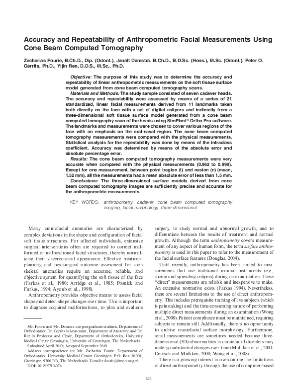Pdf Accuracy And Repeatability Of Anthropometric Facial Measurements Using Cone Beam Computed
