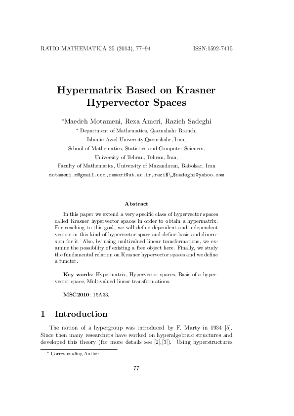 (PDF) Hypermatrix Based on Krasner Hypervector Spaces
