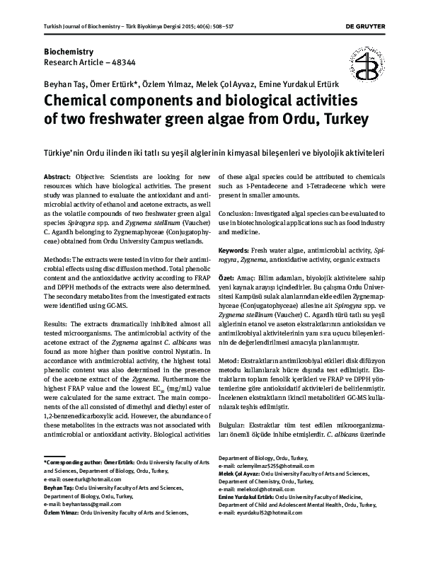 (PDF) Chemical components and biological activities of two freshwater green algae from Ordu ...