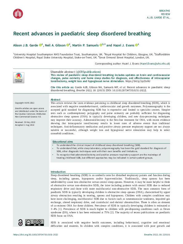 (PDF) Recent advances in paediatric sleep disordered breathing