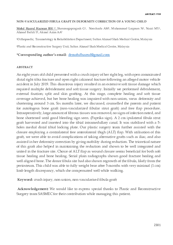 (PDF) Non-vascularized Fibula graft in deformity correction of a young ...