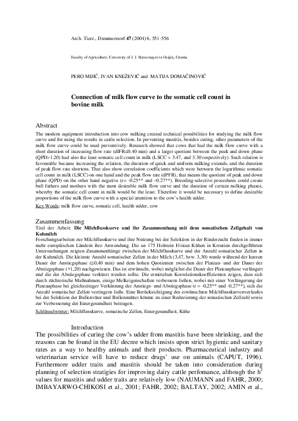 (PDF) Connection of milk flow curve to the somatic cell count in bovine ...