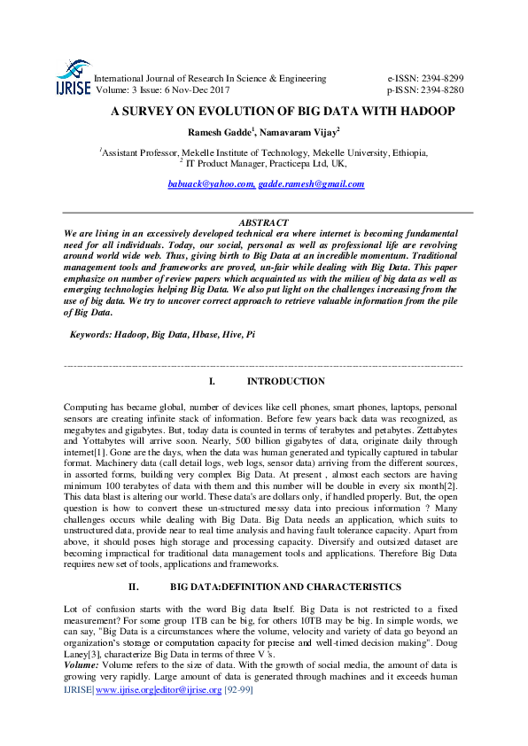 (PDF) A SURVEY ON EVOLUTION OF BIG DATA WITH HADOOP